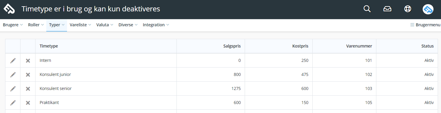 Opsætning af forskellige typer i EazyProject - EazyProject